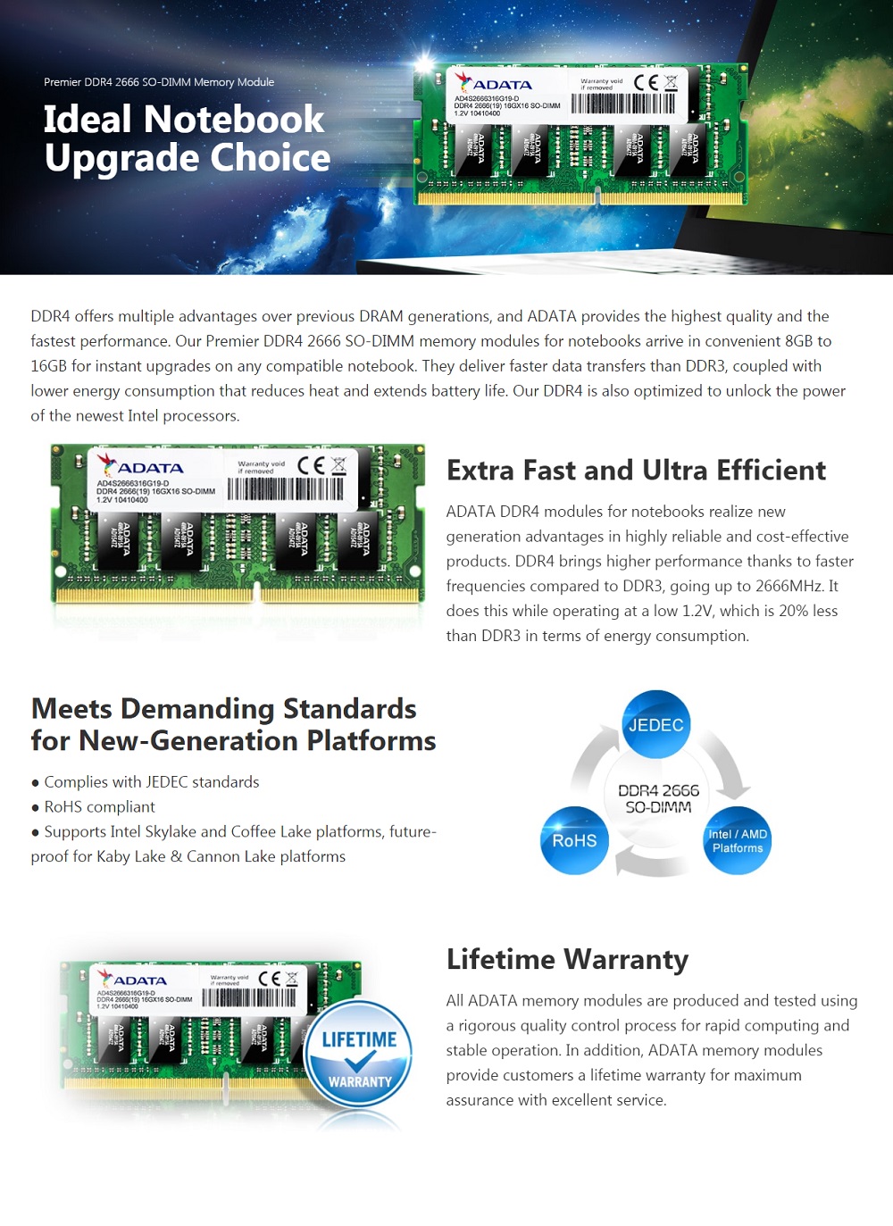 ADATA 8GB DDR4 2666MHZ PC4-21300 SODIMM (AD4S266638G19R) | PC Image